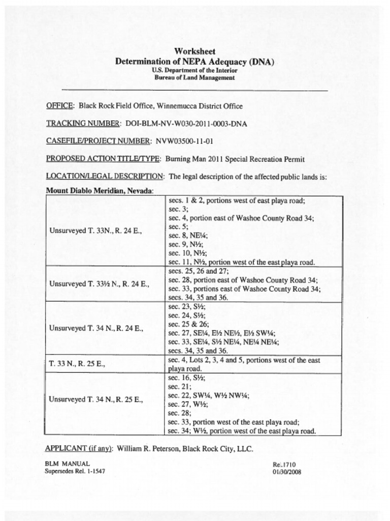 Burning Man 2011 Worksheet Determination of NEPA Adequacy (DNA) | PDF ...