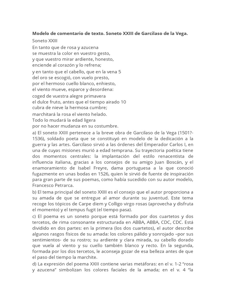 Modelo de Comentario de Texto. Soneto XXIII de Garcilaso de La Vega ...