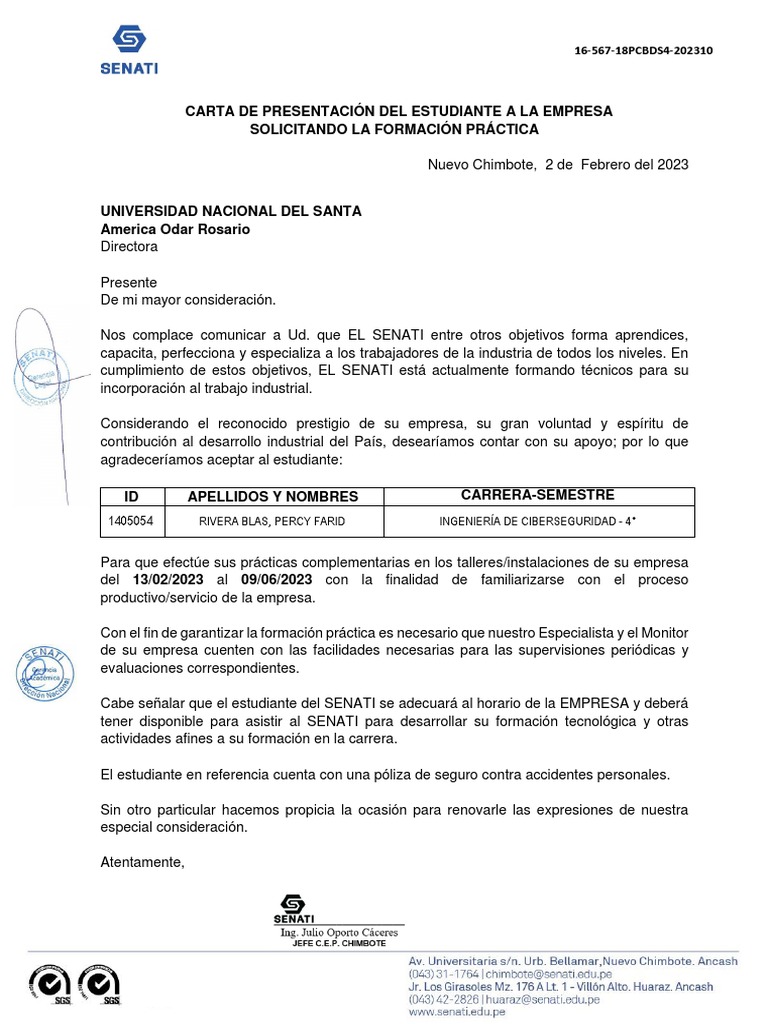 Carta de presentación-RIVERA BLAS PERCY FARID | PDF