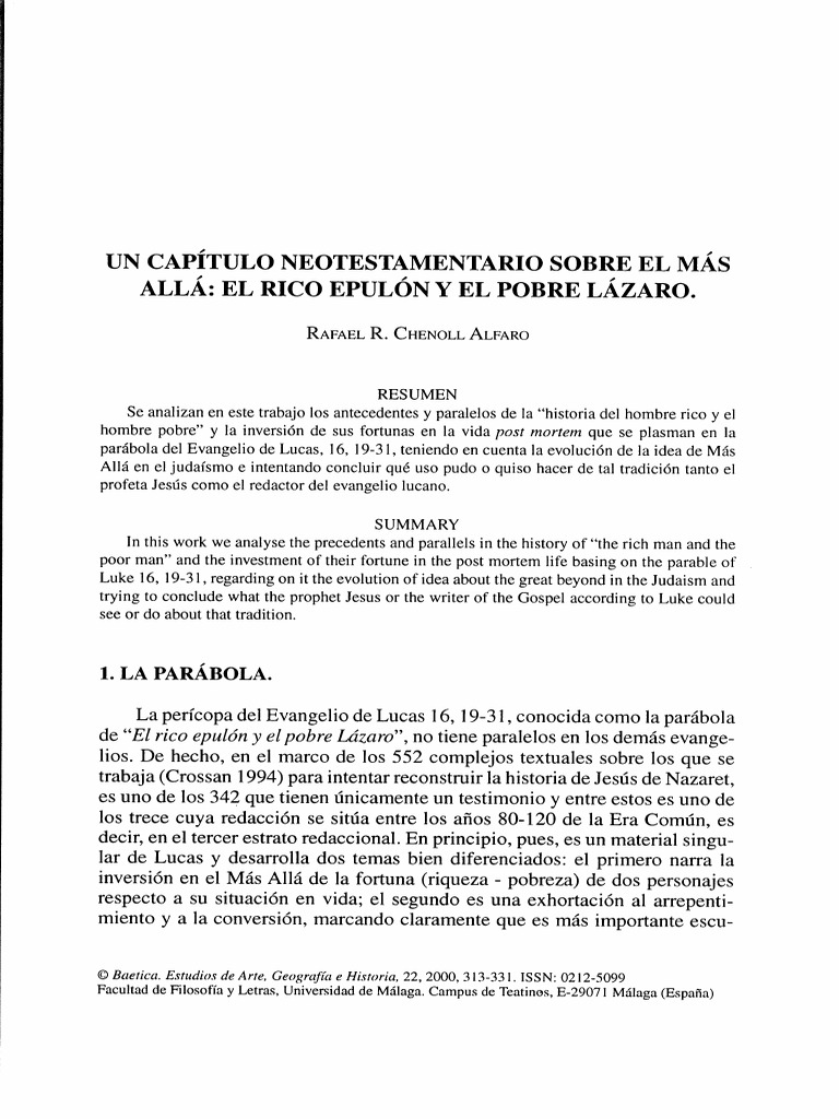 Un Capítulo Neotestamentario Sobre El Más Allá: El Rico Epulón Y El ...