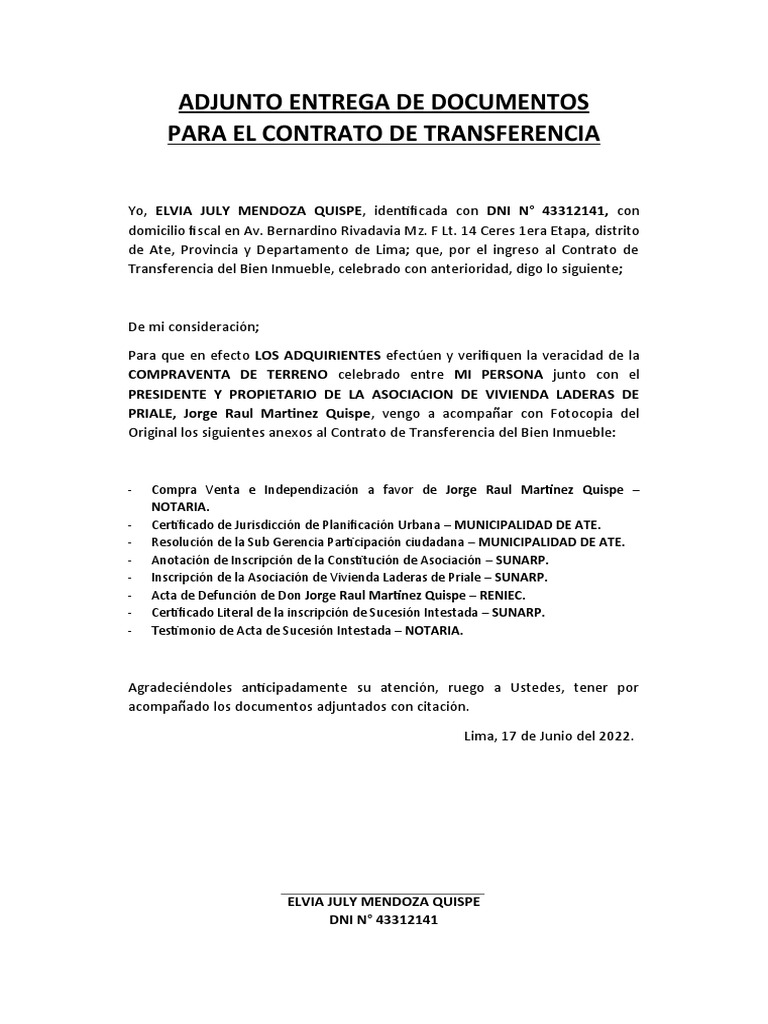 Adjunto Entrega de Documentos - C.transferencia Yuli Laderas | PDF
