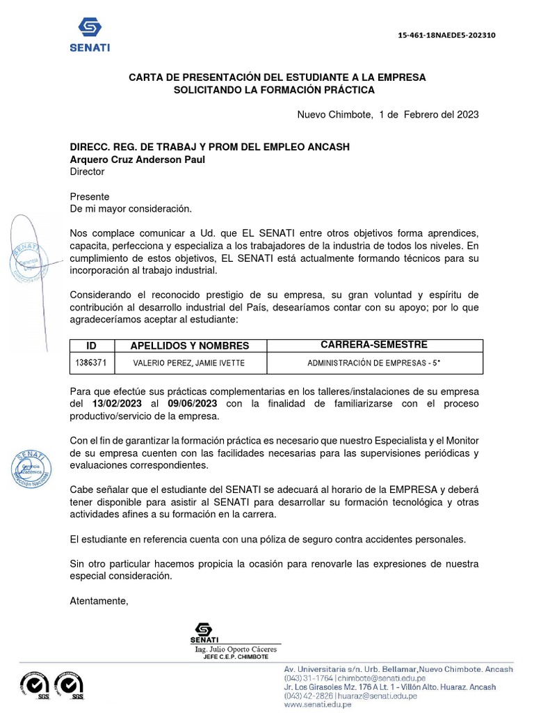 Carta de Presentación - Valerio Perez Jamie Ivette | PDF