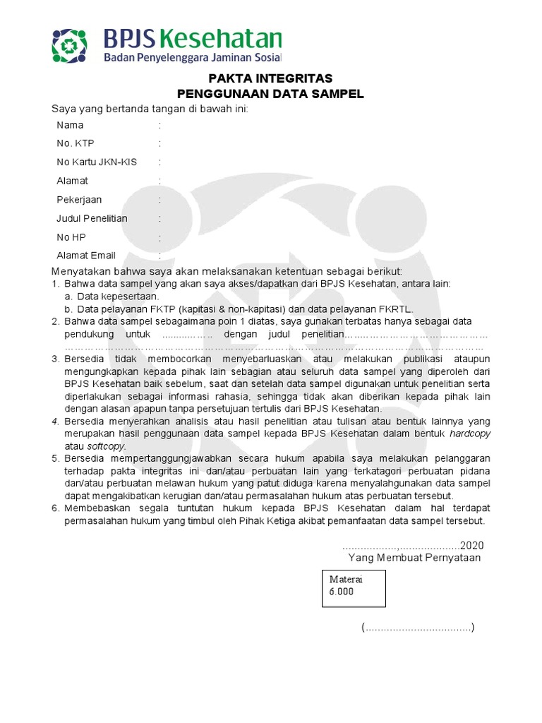 Pakta Integritas Penggunaan Data Sampel: Saya Yang Bertanda Tangan Di Bawah Ini | PDF