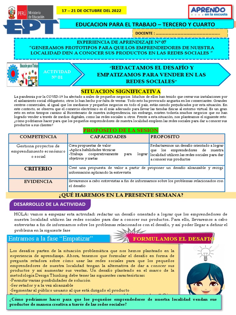 Experiencia de Aprendizaje #07 - Actividad #01 - 3ero y 4to - Ept | PDF | Aprendizaje ...