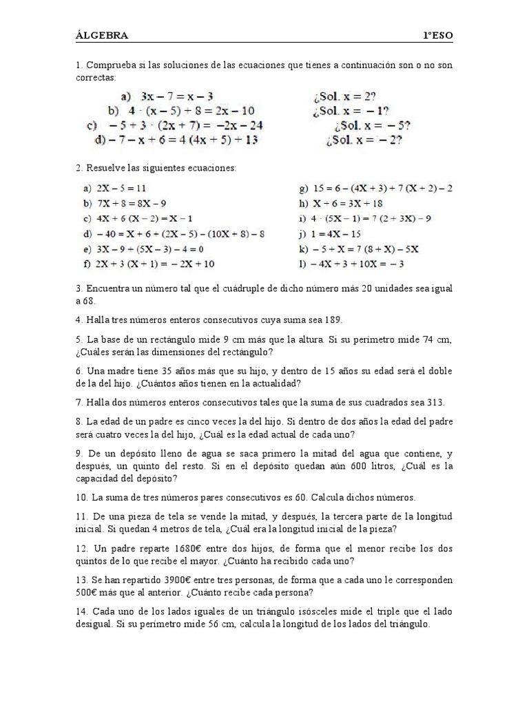Problemas de Álgebra para 1º ESO | PDF | Ecuaciones | Triángulo
