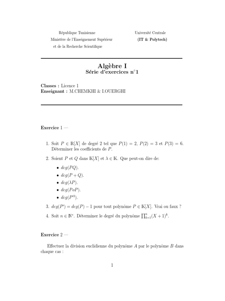 Exercices d'Algèbre I pour Licence 1 | PDF | Polynôme | Division