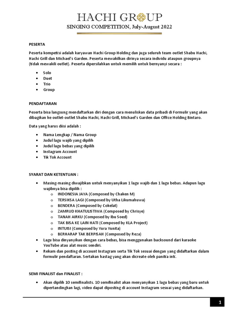 Singing Competition Hachi Group | PDF