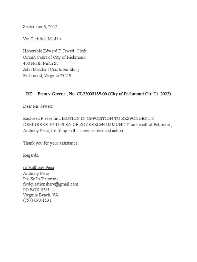 Pena V VDH - Pena's Motion in Opposition To Demurrer & Plea of ...