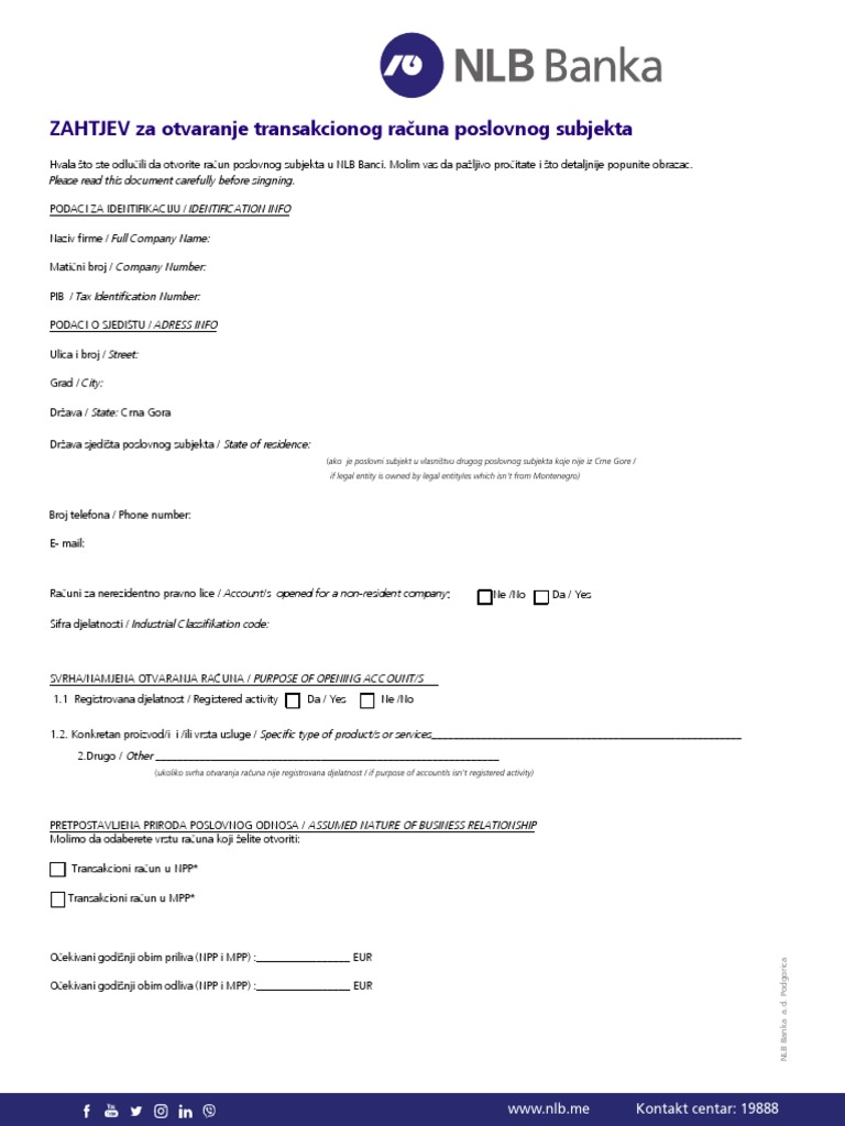 Zahtjev Za Otvaranje Transakcionog Računa v1 | PDF