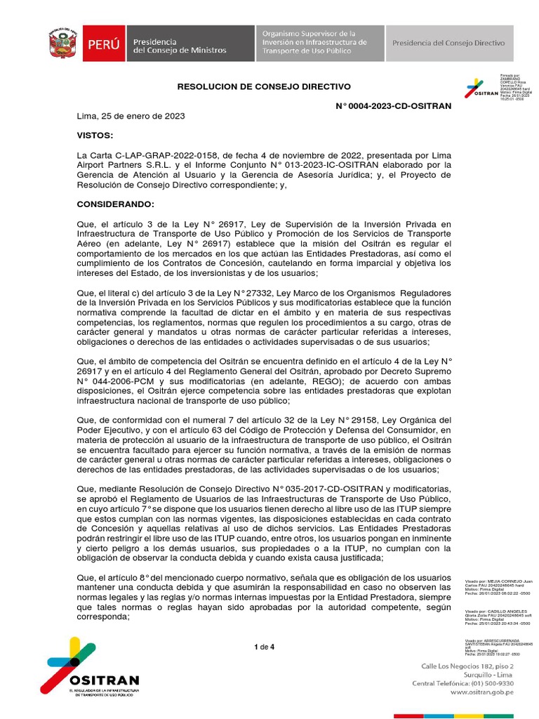 Resolución de Consejo Directivo N.° 004-2023-CD-OSITRAN | PDF | Transporte | Regulación