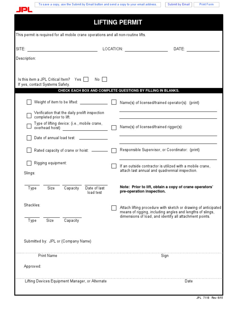 Lifting Permit: Check Each Box and Complete Questions by Filling in ...