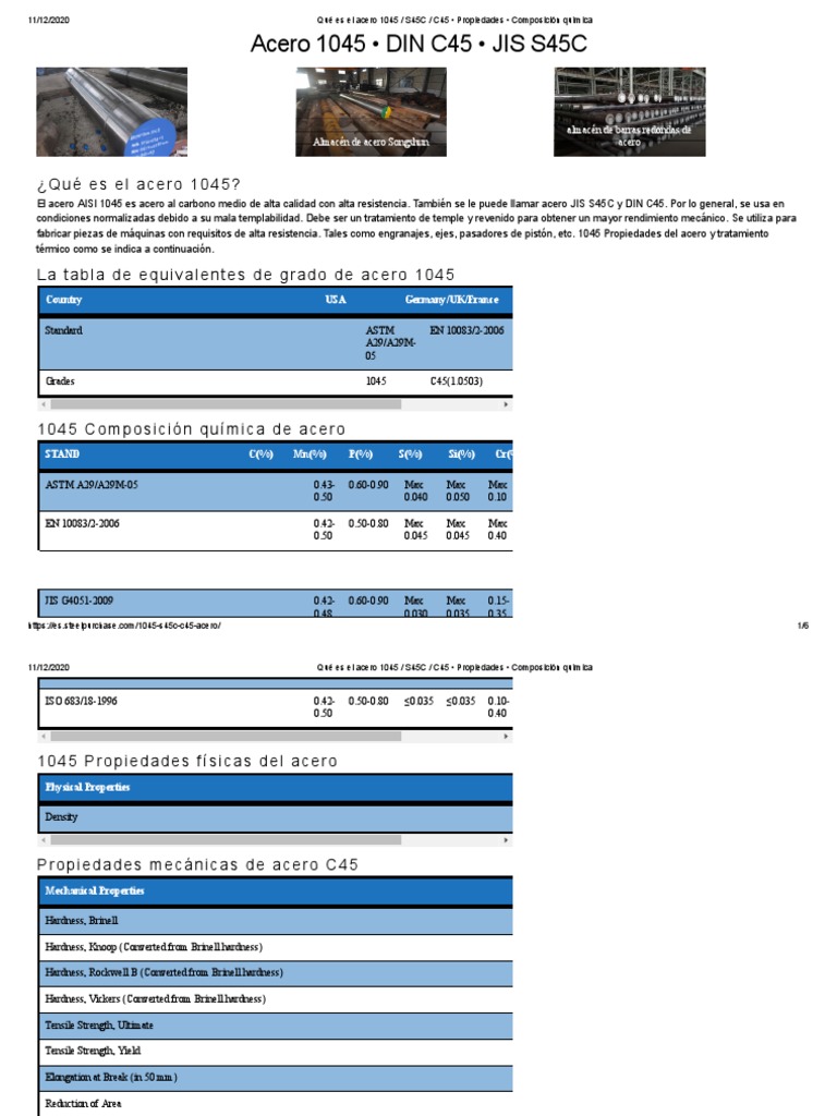 Acero 1045 - S45C - C45 - Propiedades - Composición Química | PDF | Acero | Sector secundario de ...