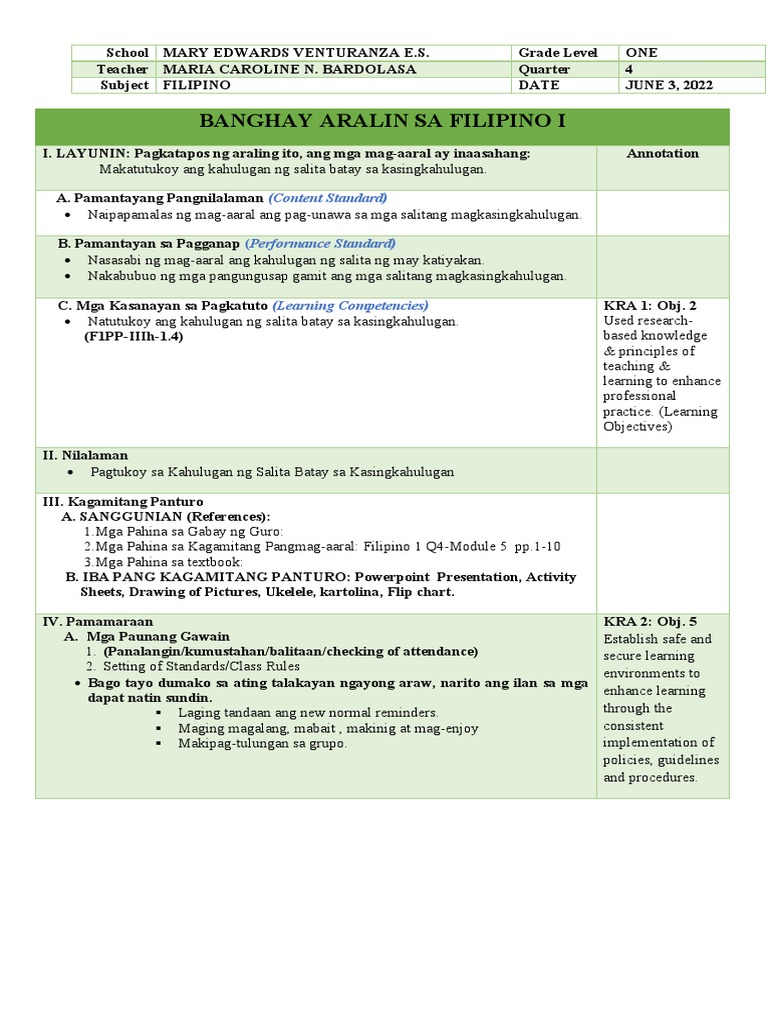 Cot Filipino Grade 1 | PDF