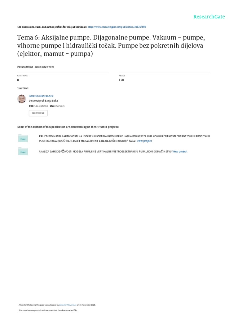 Tema 6: Aksijalne Pumpe. Dijagonalne Pumpe. Vakuum - Pumpe, Vihorne ...