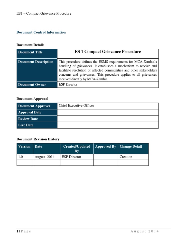 MCA Zambia - Grievance Procedure Draft | PDF | Mediation | Arbitration