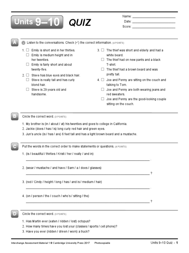 Quiz Units 9 & 10 - A1 | PDF