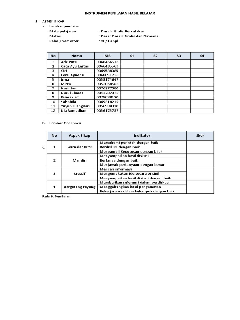 Instrumen Penilaian Hasil Belajar | PDF