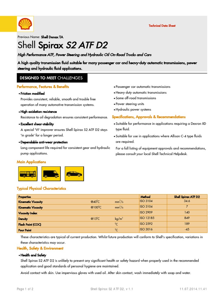 Shell Spirax s2 Atf d2 Tds | PDF | Mechanical Engineering | Physical Sciences