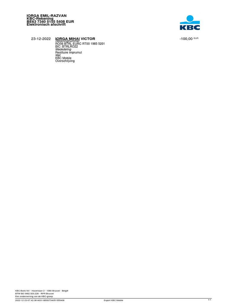 Iorga Emil-Razvan KBC-Rekening BE63 7340 5155 5408 EUR Elektronisch ...
