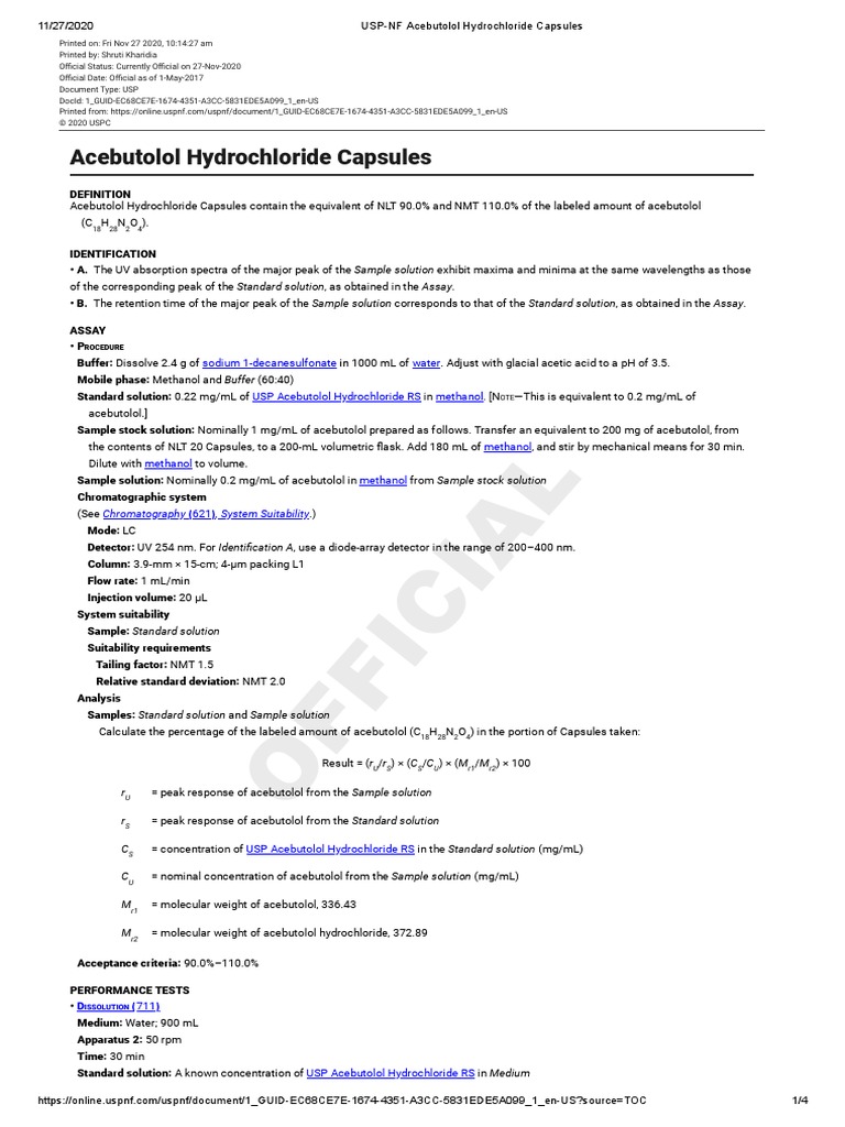 USP-NF Acebutolol Hydrochloride Capsules | PDF | Chromatography | Elution