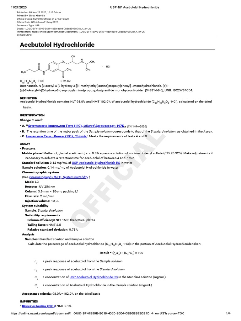 USP-NF Acebutolol Hydrochloride | PDF | Chromatography | Scientific Techniques