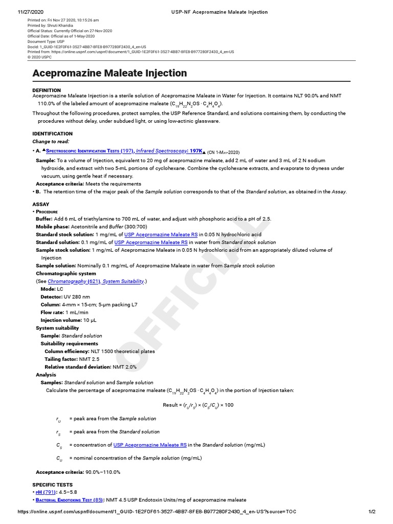 USP-NF Acepromazine Maleate Injection | PDF | Chemistry | Applied And ...