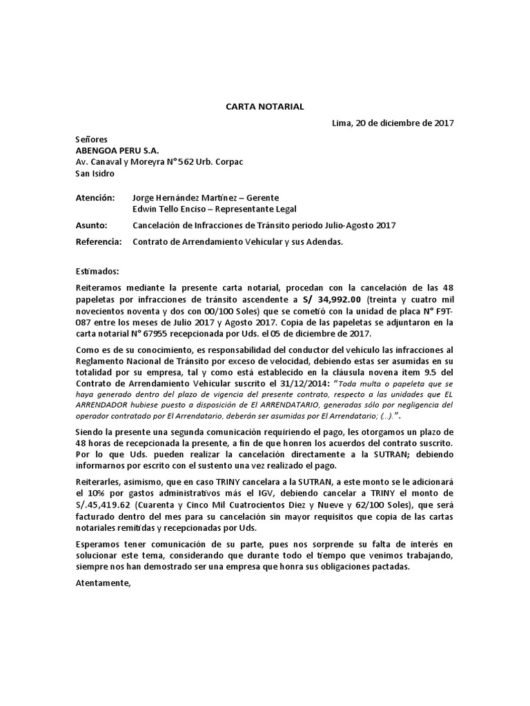 Carta Notarial - ABENGOA Pago Papeletas 1 Al 21set2017 | PDF
