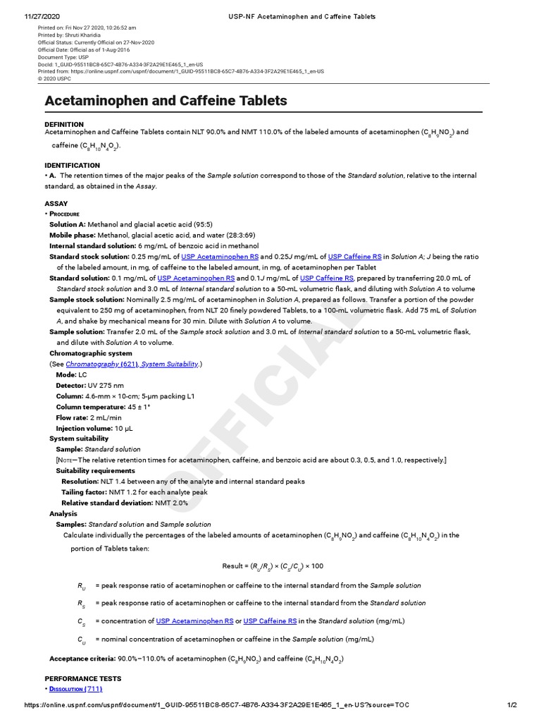 USP-NF Acetaminophen and Caffeine Tablets | PDF | Chromatography | Concentration