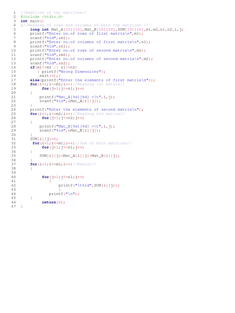 Addition of 2 Matrices | PDF | Teaching Methods & Materials | Computers