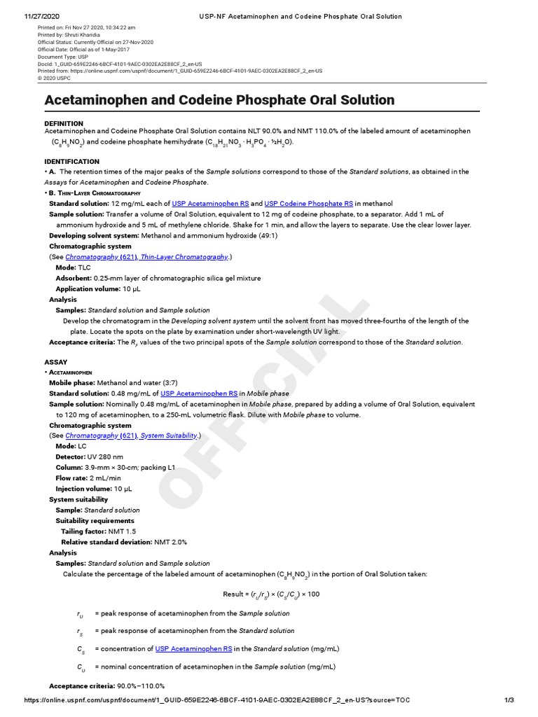 USP-NF Acetaminophen and Codeine Phosphate Oral Solution | PDF | Thin Layer Chromatography ...