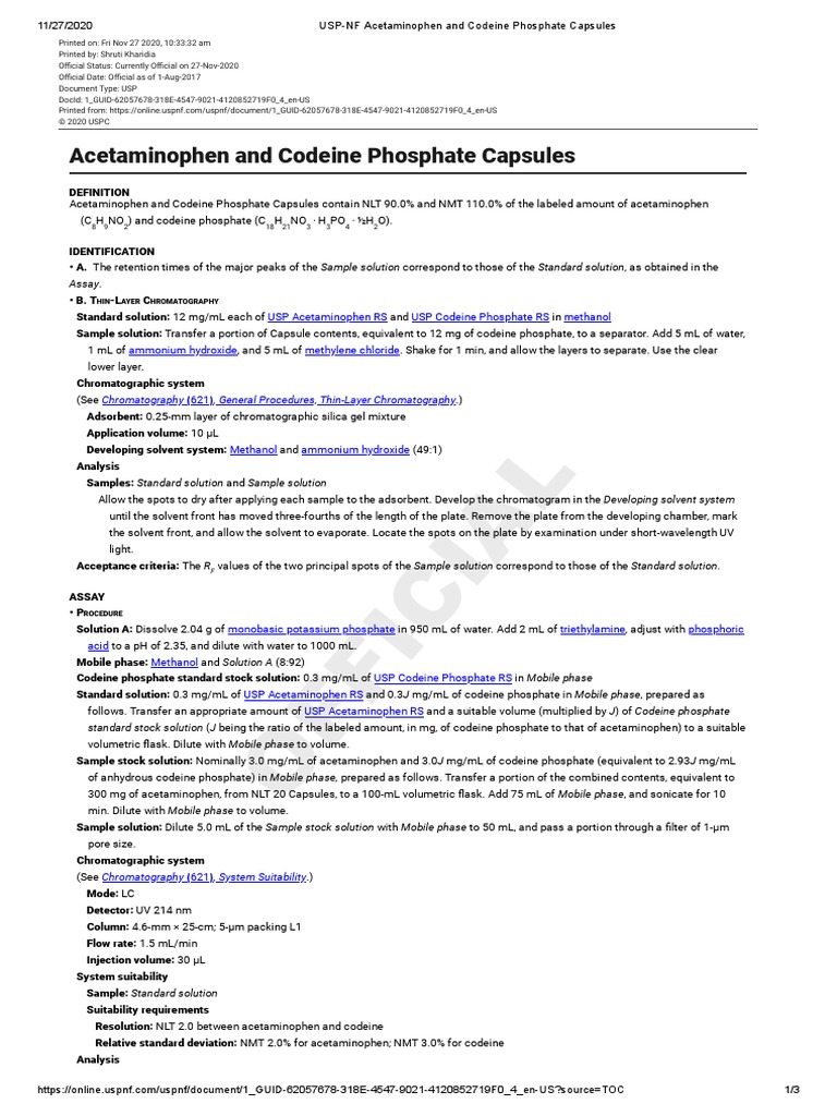 USP-NF Acetaminophen and Codeine Phosphate Capsules | PDF | Chromatography | Thin Layer ...