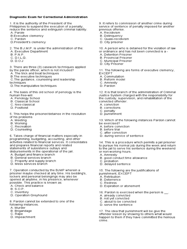 Diagnostic Exam for Correctional Admin | PDF | Pardon | Prison