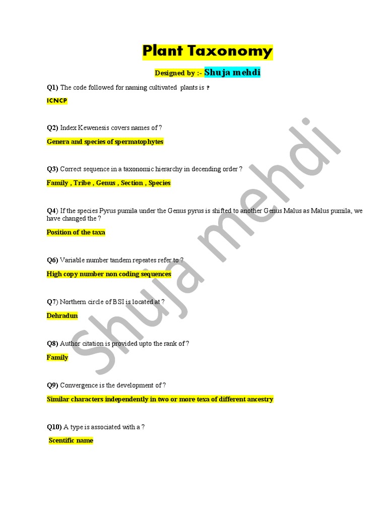Plant Taxonomy MCQs | PDF