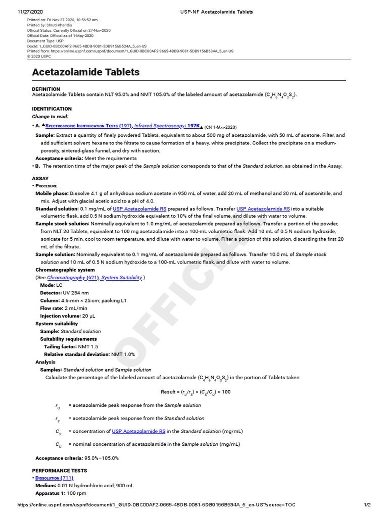 USP-NF Acetazolamide Tablets | PDF | Ultraviolet–Visible Spectroscopy ...
