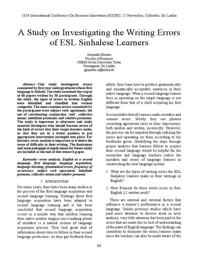 ICOBI 2019 A Study On Investigating The Writing Errors of ESL Sinhalese Learners | PDF ...