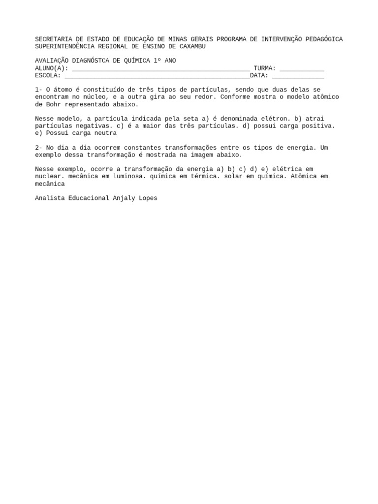 Avaliacao Diagnostica Quimica 1 Ano Pdf Química Substancias Químicas