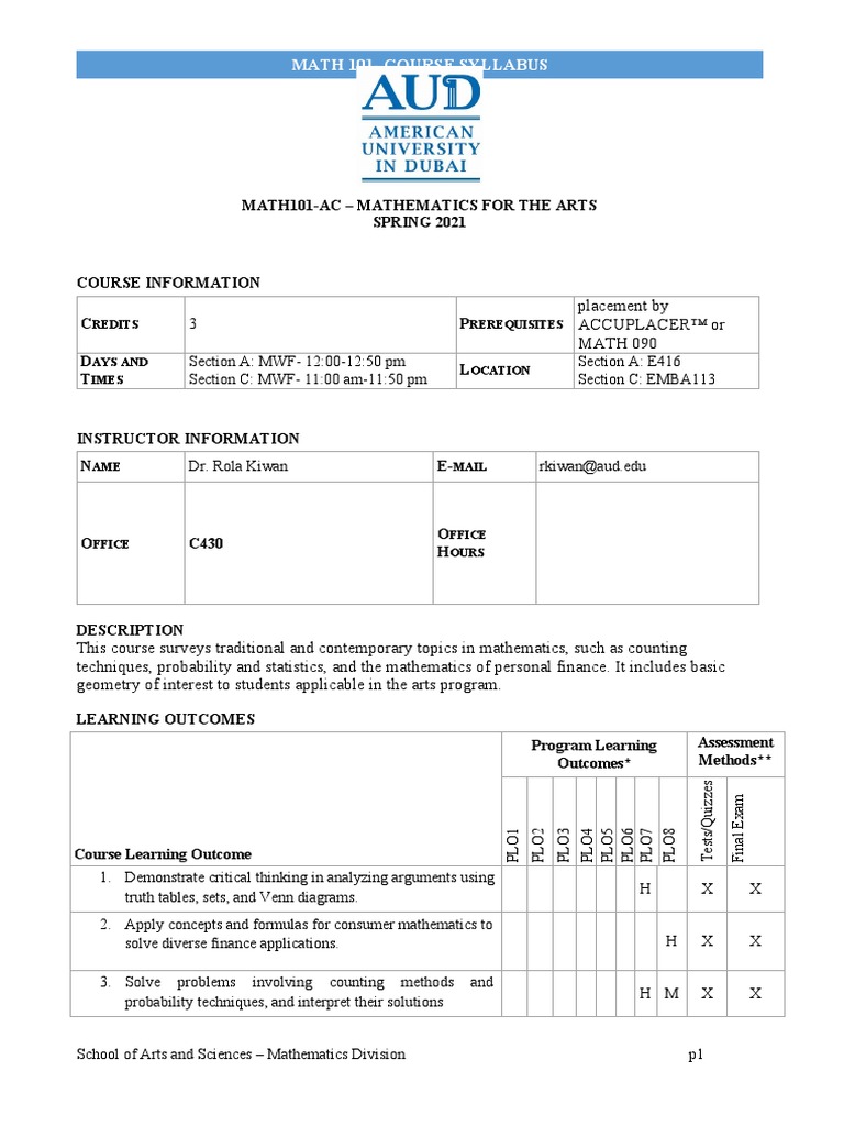 MATH 101-AC-Syllabus-Fall 2022-RK | PDF | Mathematics | Statistics