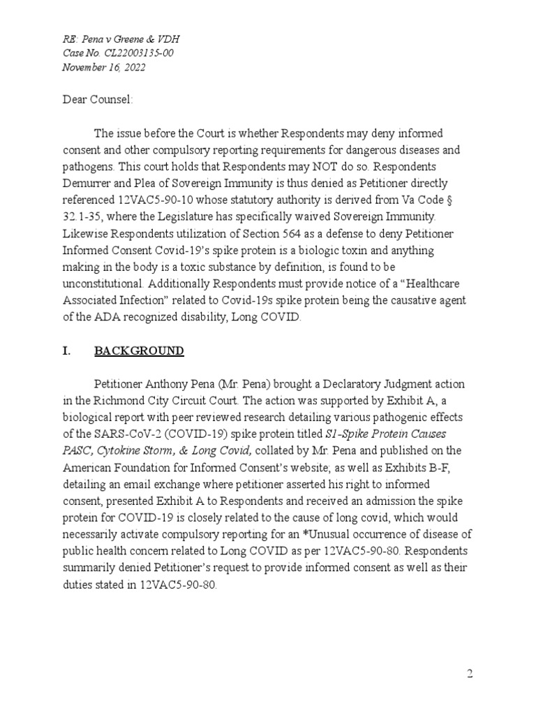 Pena V VDH - Oral Arguements - Sketch Order & Opinion Letter | PDF ...