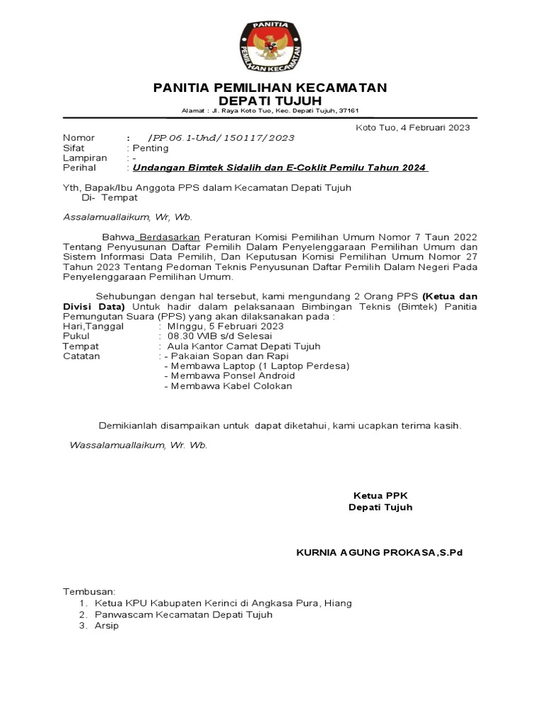 Undangan Bimtek Pemilu 2024 di Depati Tujuh | PDF