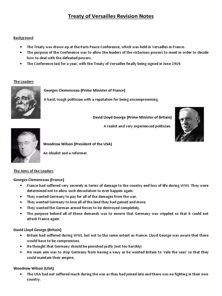 Treaty of Versailles Revision Notes | PDF | Treaty Of Versailles ...