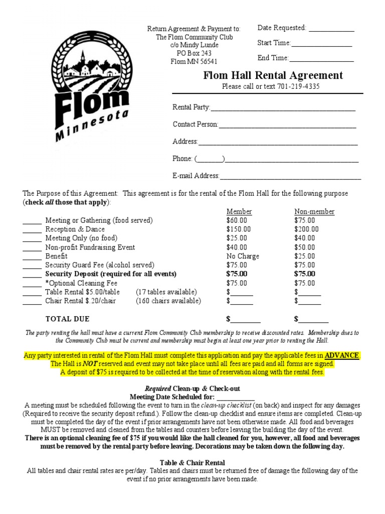 Flom Hall Rental Agreement | PDF | Renting | Fee