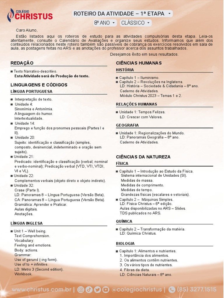 Christus Online Roteiro Atividade Compulsoria - 1 Etapa - 8 Ef - Classico (2) (1 ...