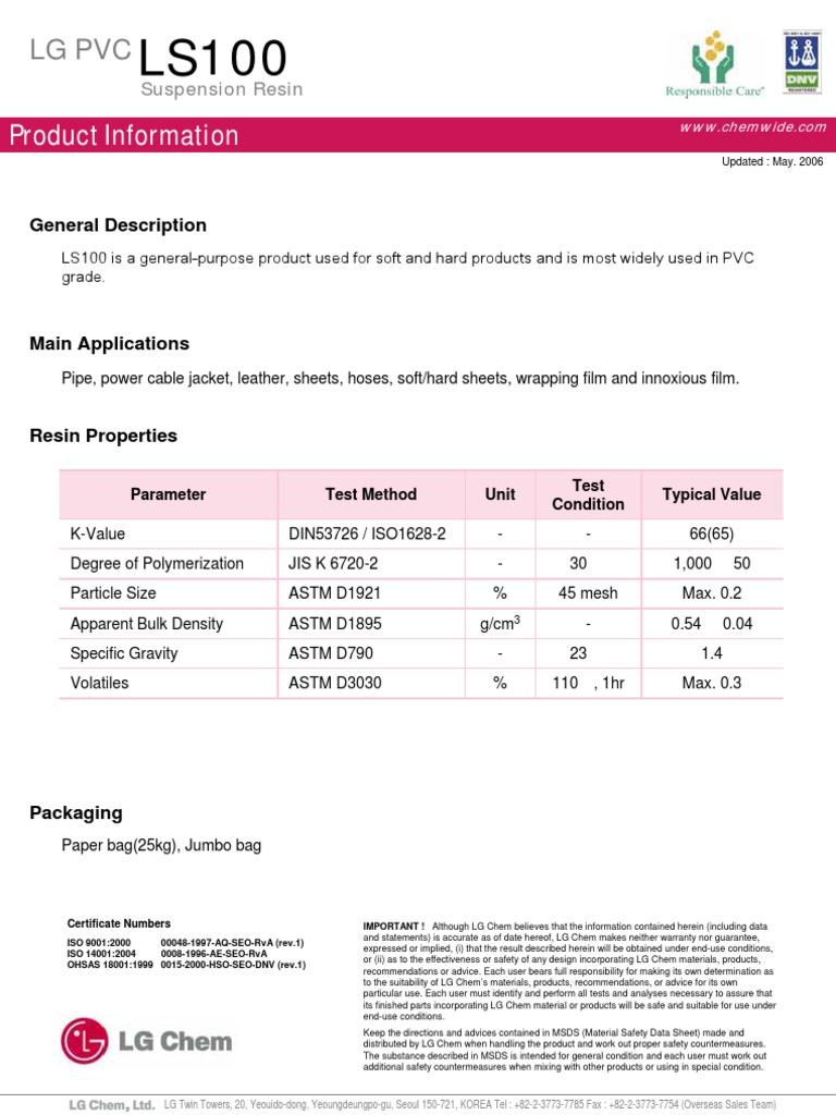 LG LS100 | PDF | Polyvinyl Chloride | Physical Sciences