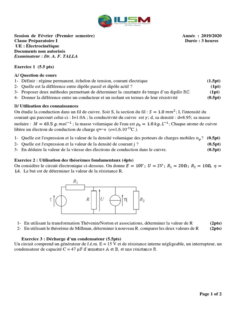 Examen d'Électrocinétique 2019/2020 | PDF | Condensateur | Courant ...