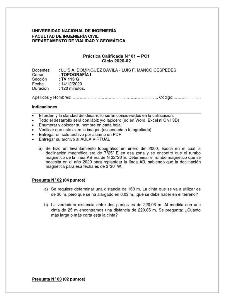 Práctica Calificada #01 - PC1 Ciclo 2020-02 | PDF | Azimut
