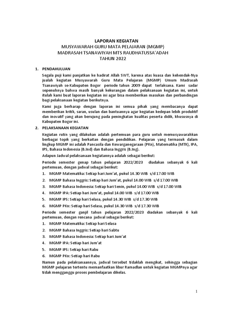 Contoh Laporan Kegiatan MGMP | PDF