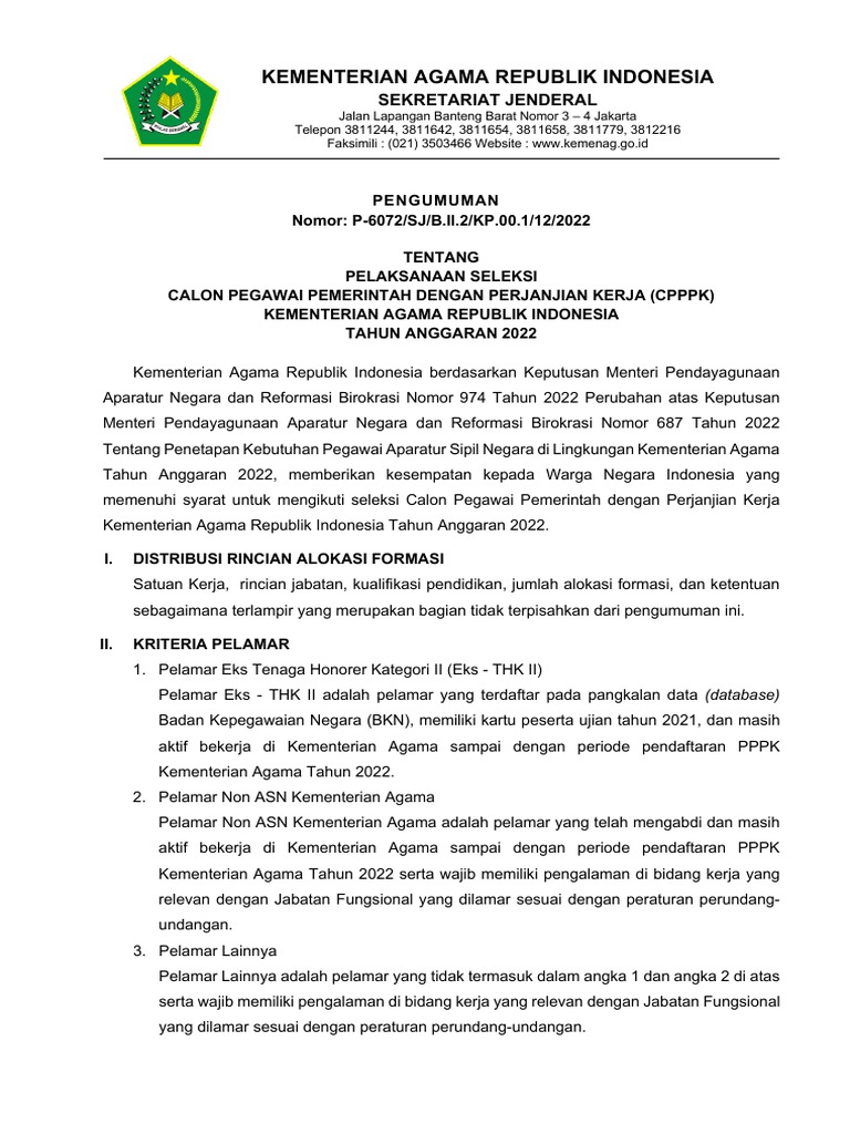 Seleksi CPPPK Kementerian Agama 2022 | PDF