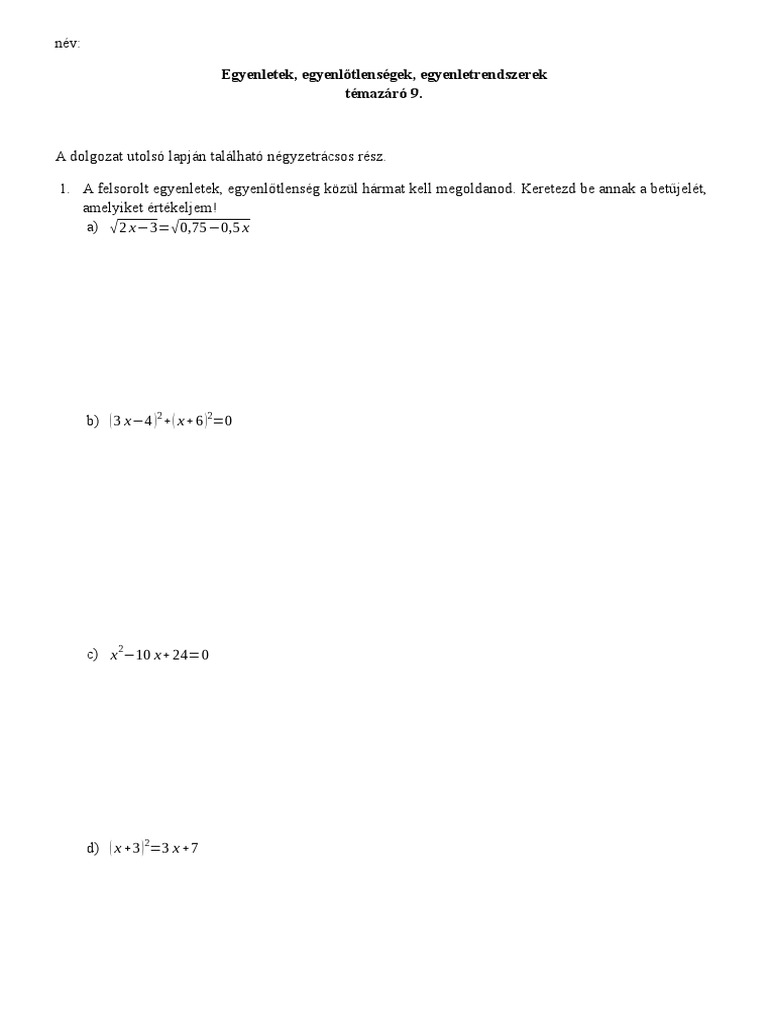 Egyenletek, Egyenlőtlenségek, Egyenletrendszerek | PDF