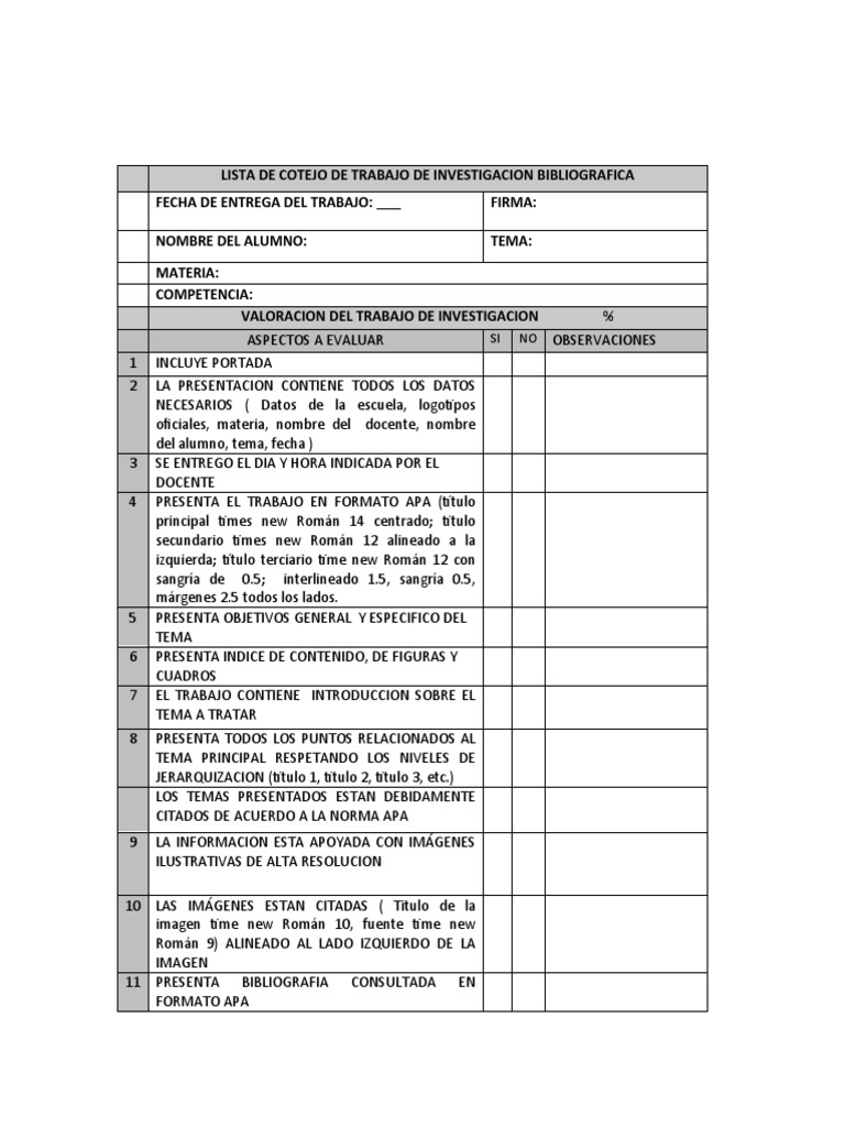 Lista Cotejo Investigacion Documental | PDF