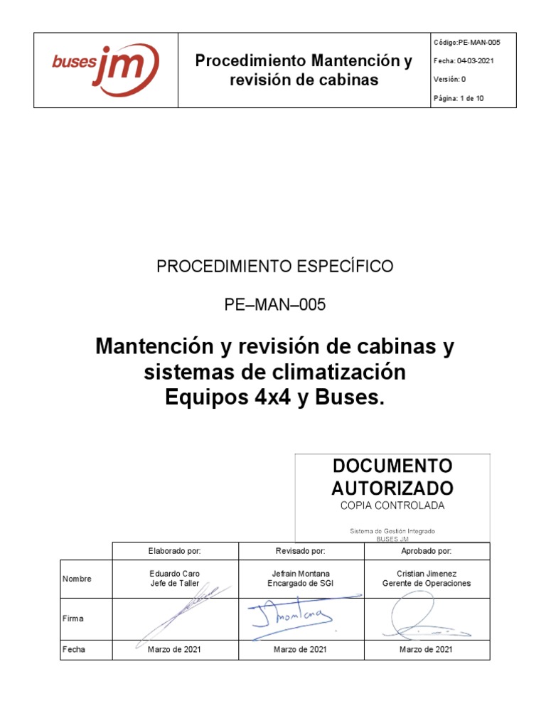 PE-MAN-005 Procedimiento Revisión de Cabinas. Ver 0 | PDF | Eje | Aire acondicionado